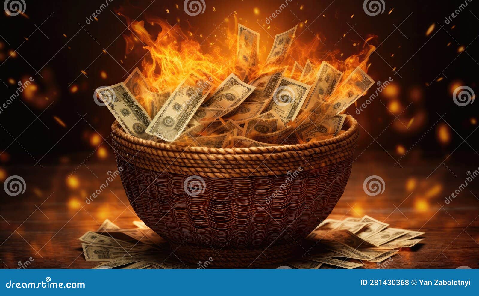 Fire Pile of Dollars in a Basket Illuminating the Value of Money ...