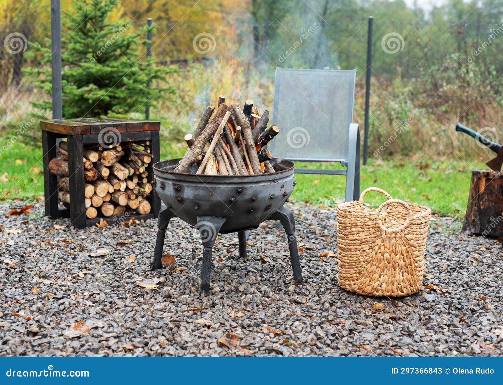 Fire Pit and Burning Fire in a Garden Stock Image - Image of place ...