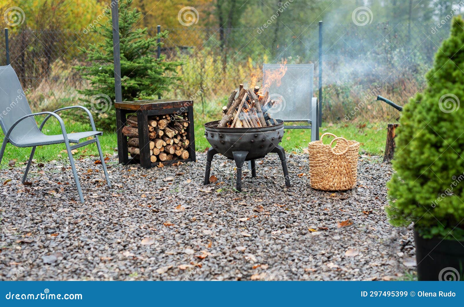 Fire Pit and Burning Fire in a Garden Stock Image - Image of burning ...