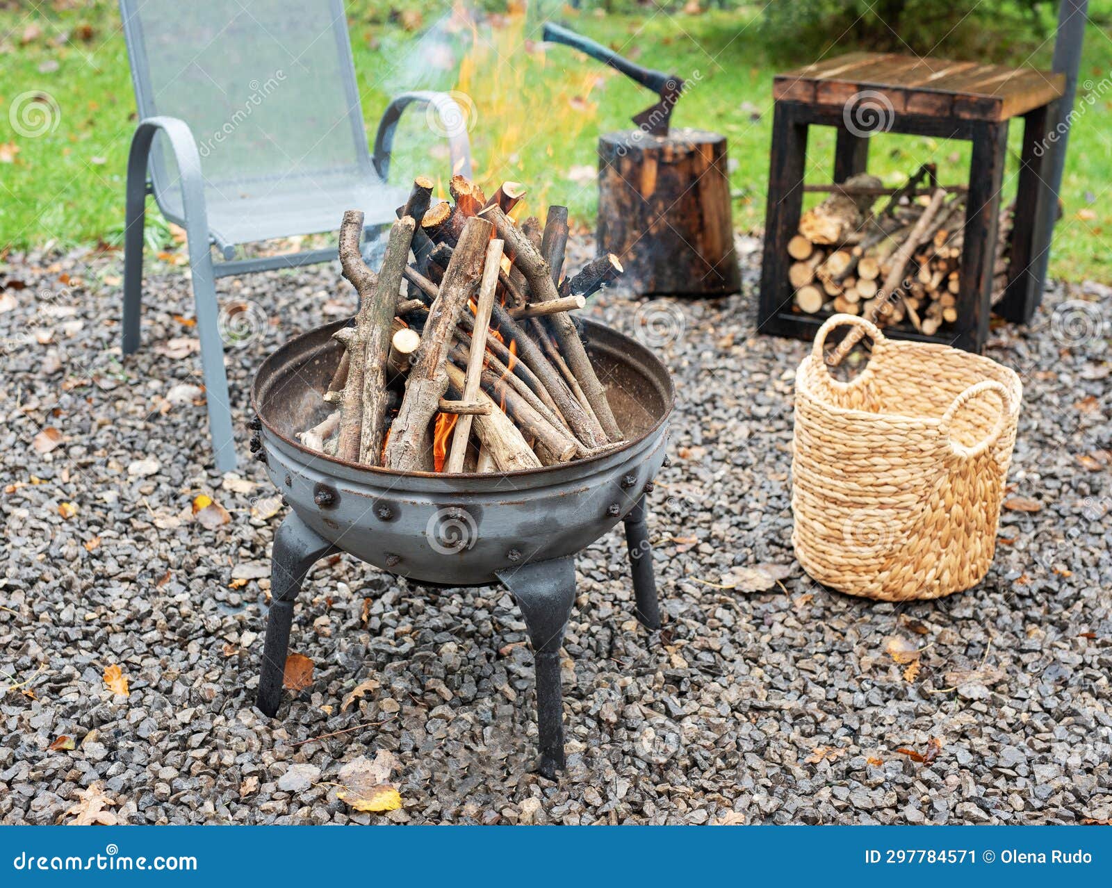 Fire Pit and Burning Fire in a Garden Stock Image - Image of warm ...