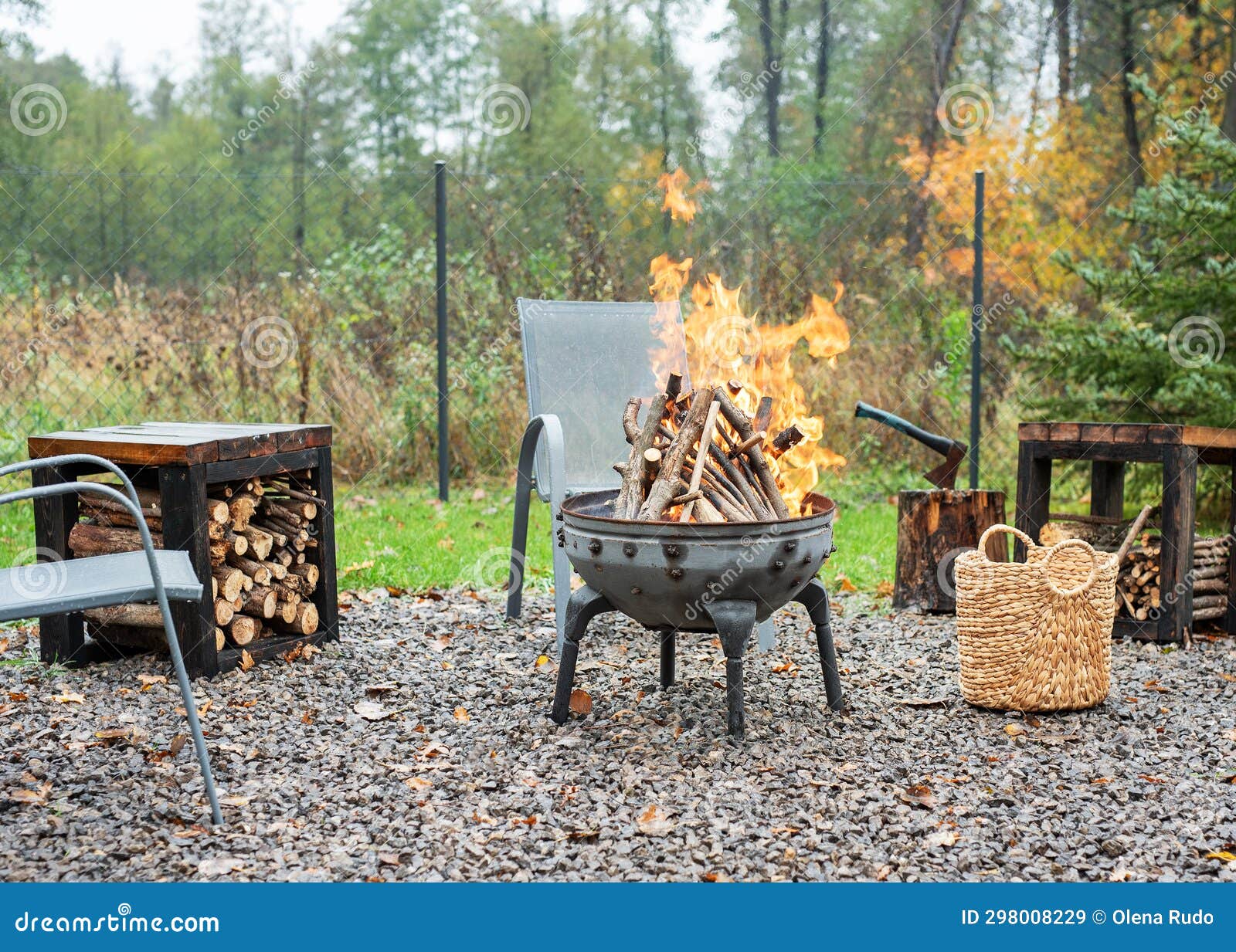 Fire Pit and Burning Fire in a Garden Stock Image - Image of fireplace ...