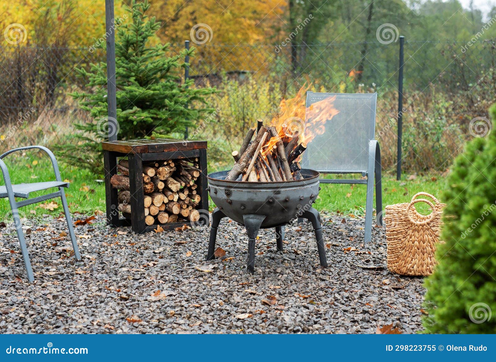 Fire Pit and Burning Fire in a Garden Stock Image - Image of black ...