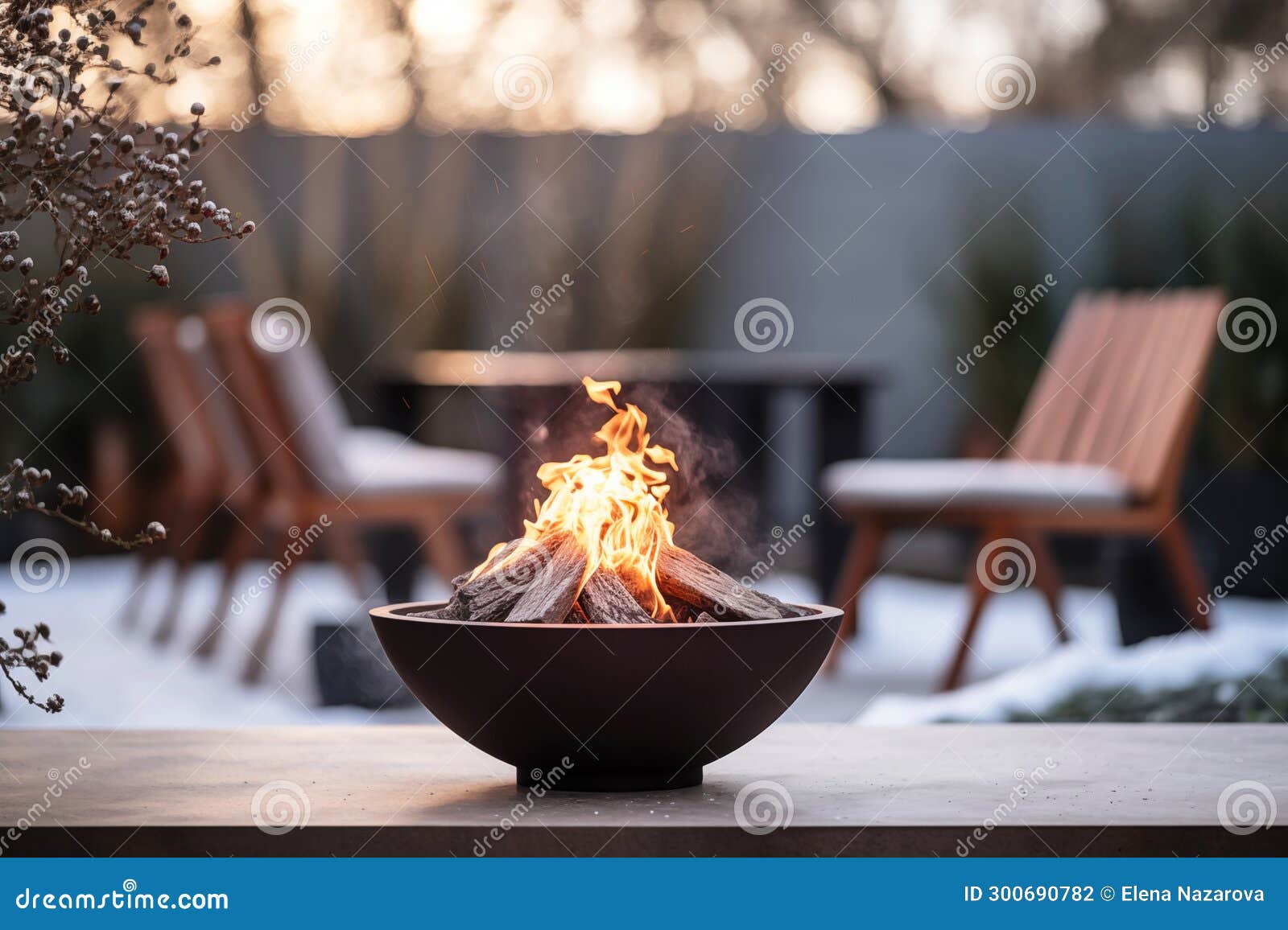 Fire Pit Close-up on Blurred Cozy Backyard with Sitting Area Background ...