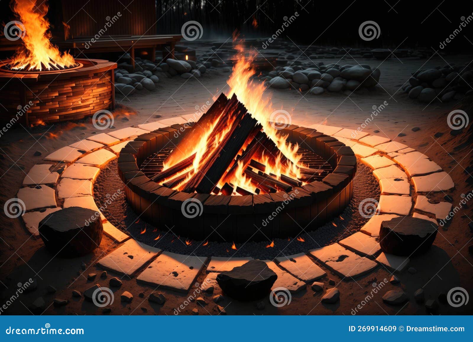 A Fire Pit With Flames Burning In It On A Dark Surface With A Black ...