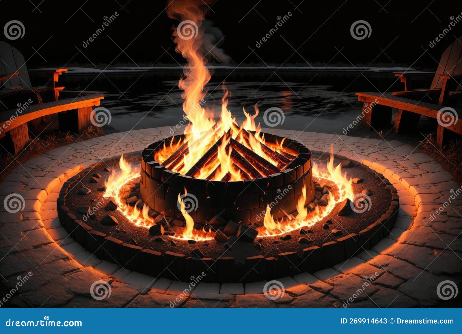 A Fire Pit With Flames Burning In It On A Dark Surface With A Black ...