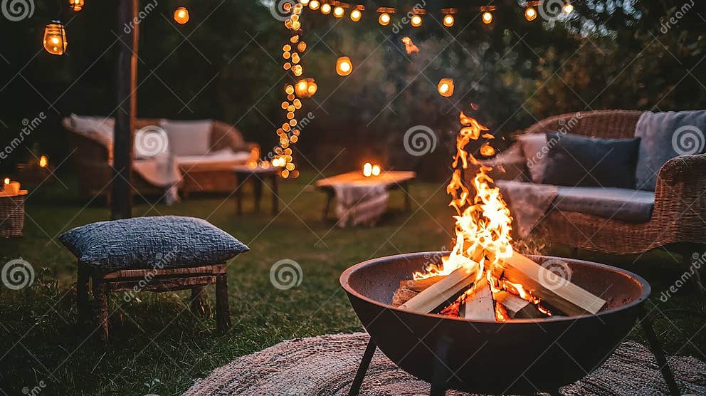 Fire Pit with Glowing Flames and String Lights Stock Image - Image of ...