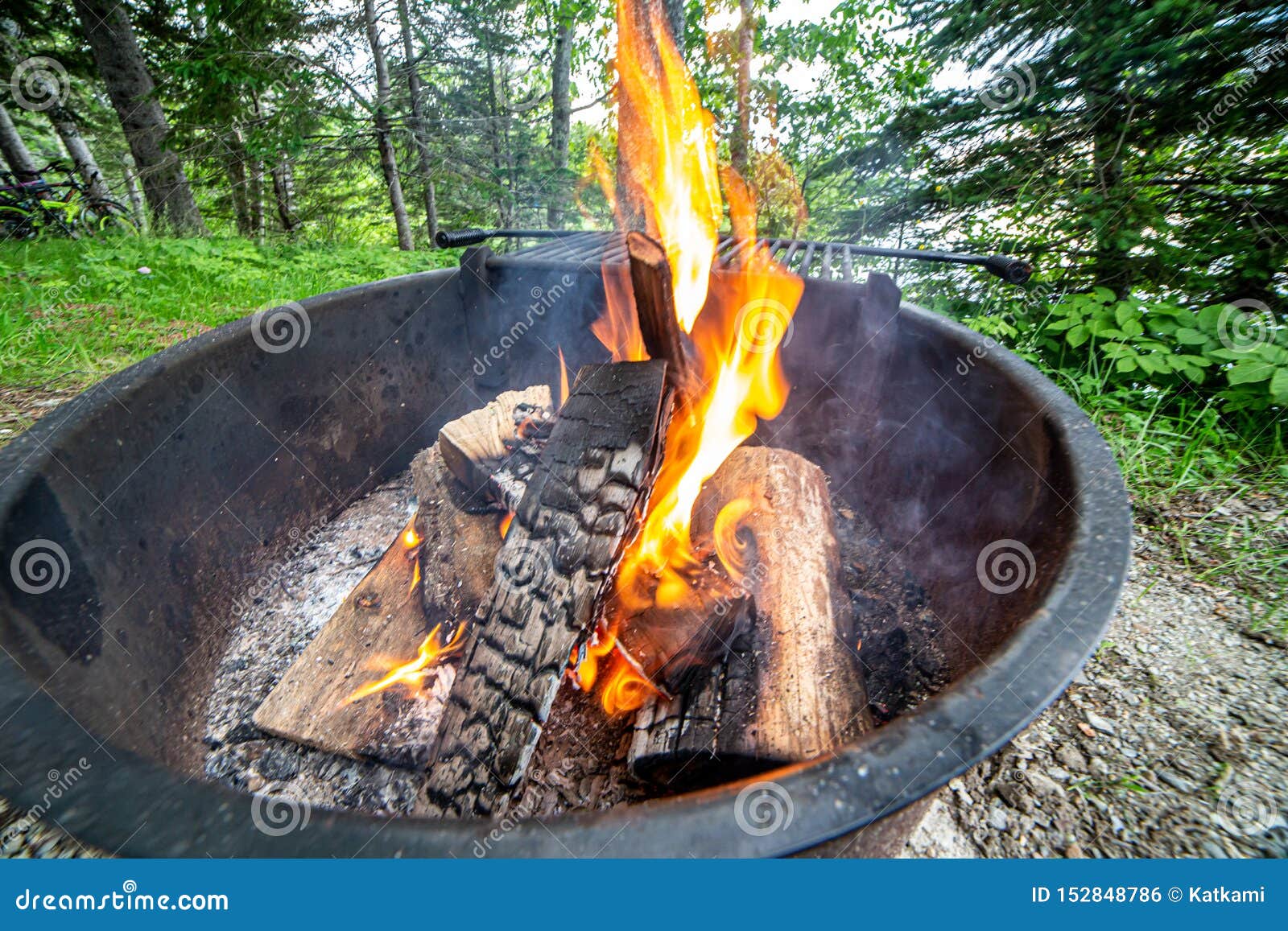 Fire Pit with Logs and Flames Rising Up Stock Photo - Image of flame ...