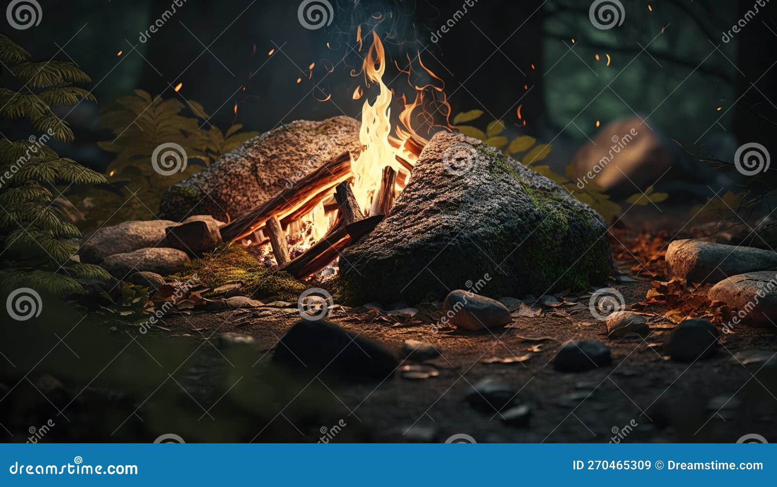 A Fire Pit in the Middle of a Forest Filled with Rocks and Leaves, with ...