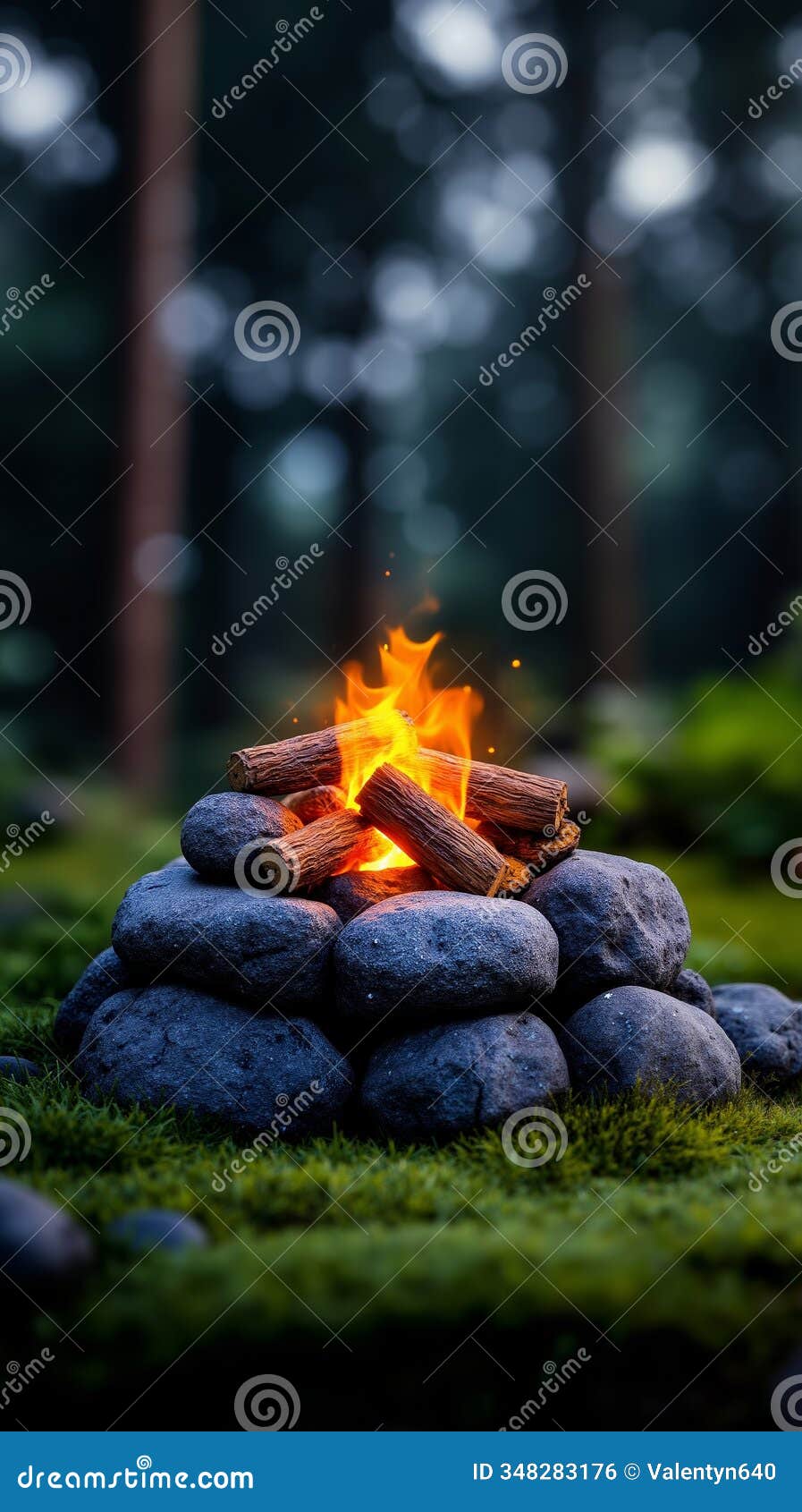 A Fire Pit in the Middle of a Grassy Field Surrounded by Rocks Stock ...