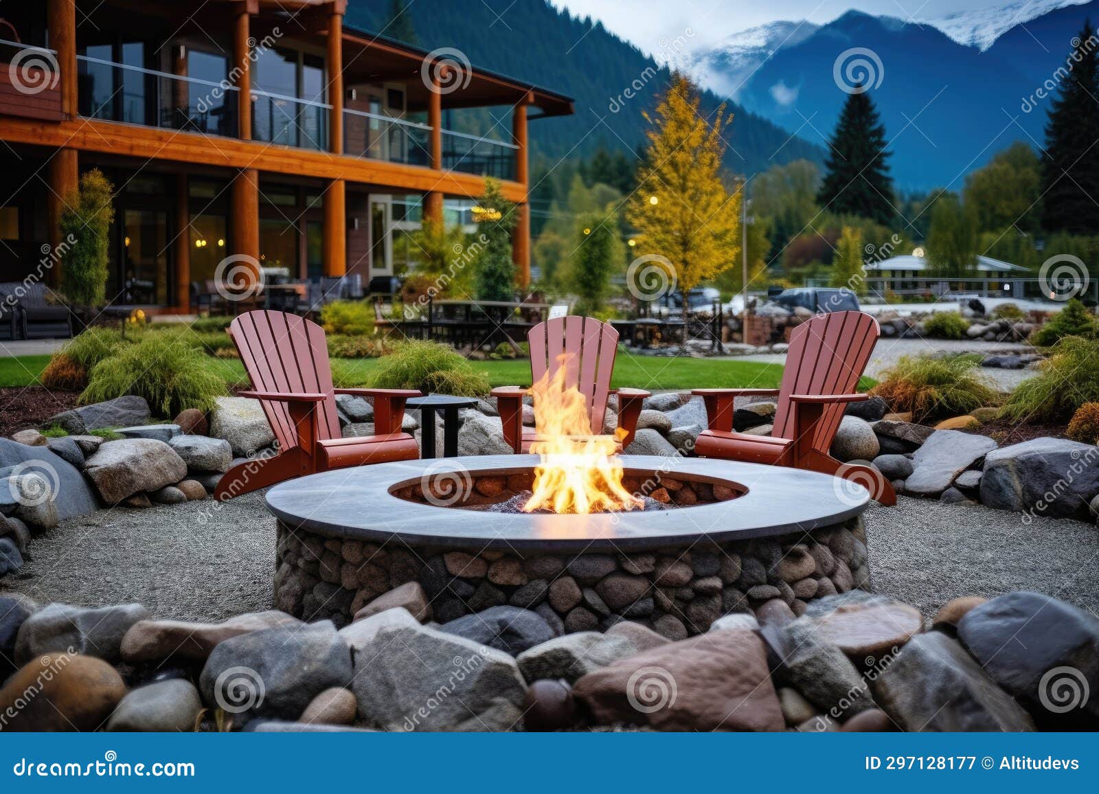 Fire Pit beside a Mountain Chalet Wellness Center Stock Image - Image ...