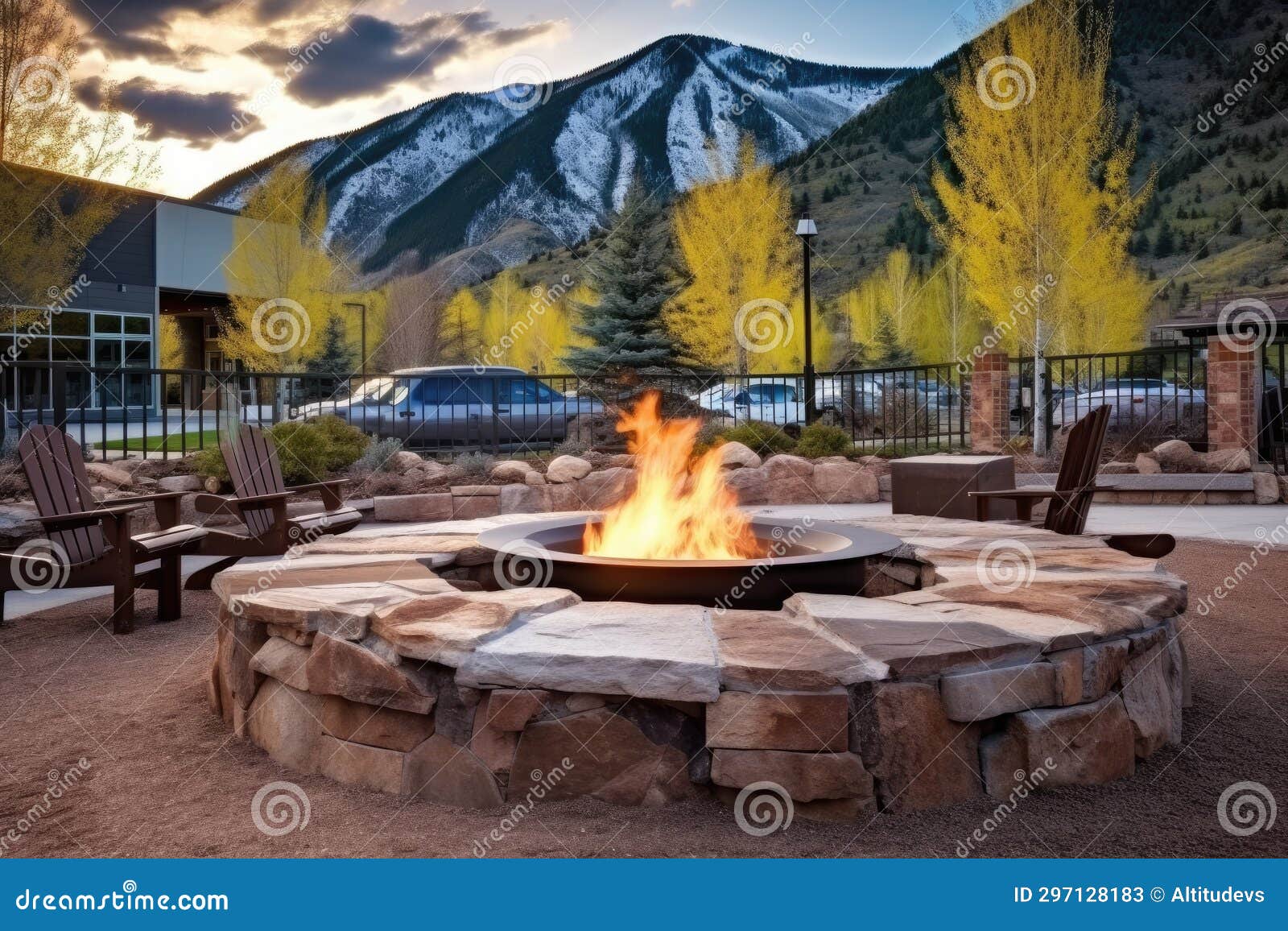 Fire Pit beside a Mountain Chalet Wellness Center Stock Image - Image ...