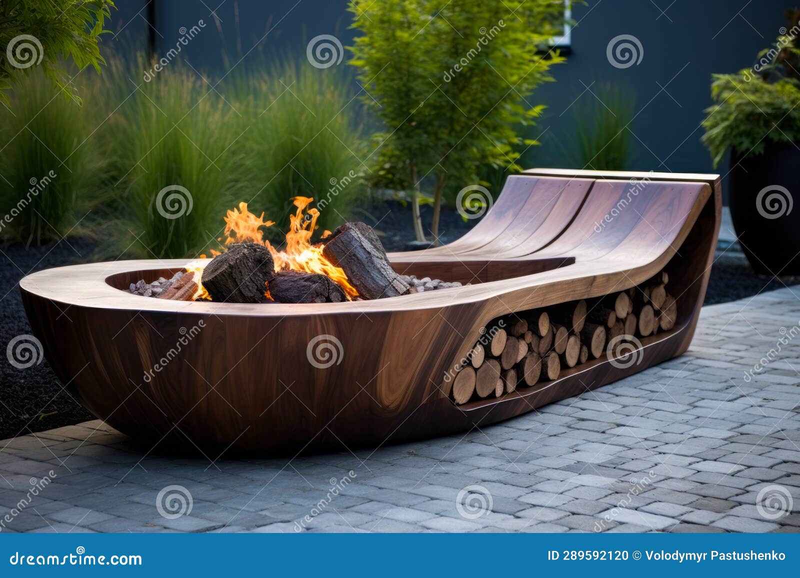Fire Pit with Wooden Bench and Firewood Logs. Generative AI Stock Photo ...