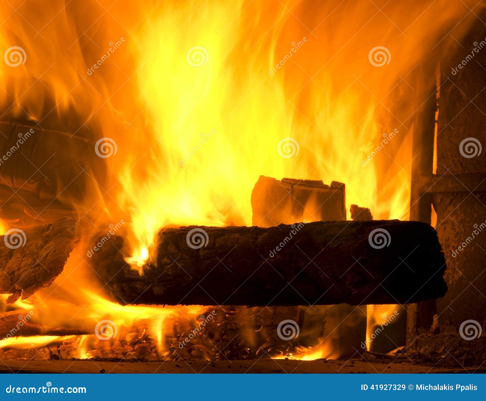 Fire Place with Wood and Flames Stock Image - Image of combustion ...
