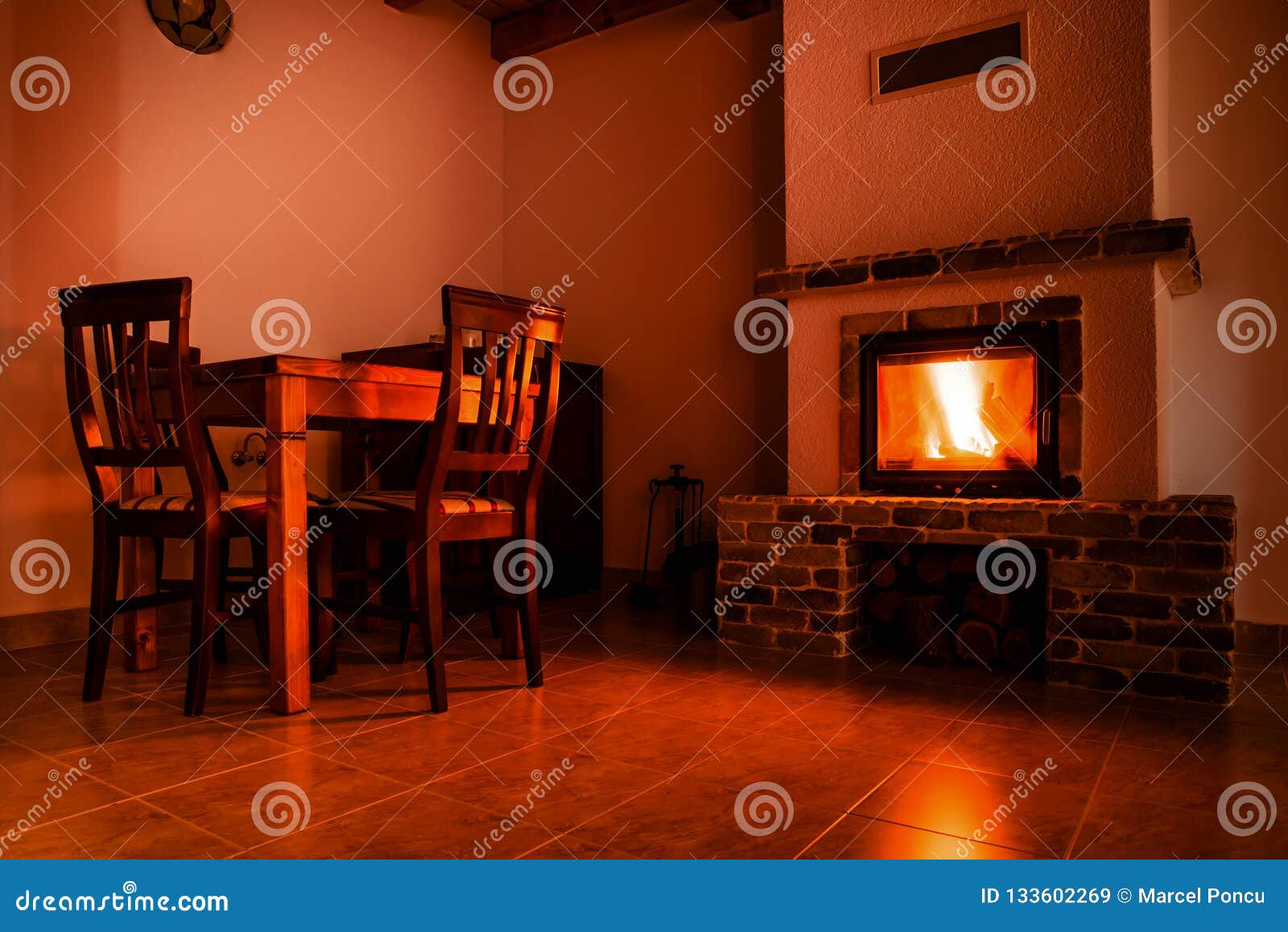 Fire Place in a Rustic Decorated Room Stock Image - Image of abstract ...
