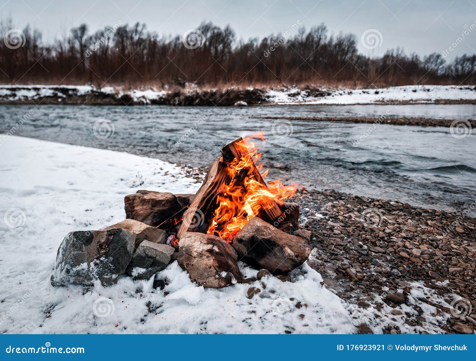 Fire Place on the Winter River Bank Stock Image - Image of snow, heat ...