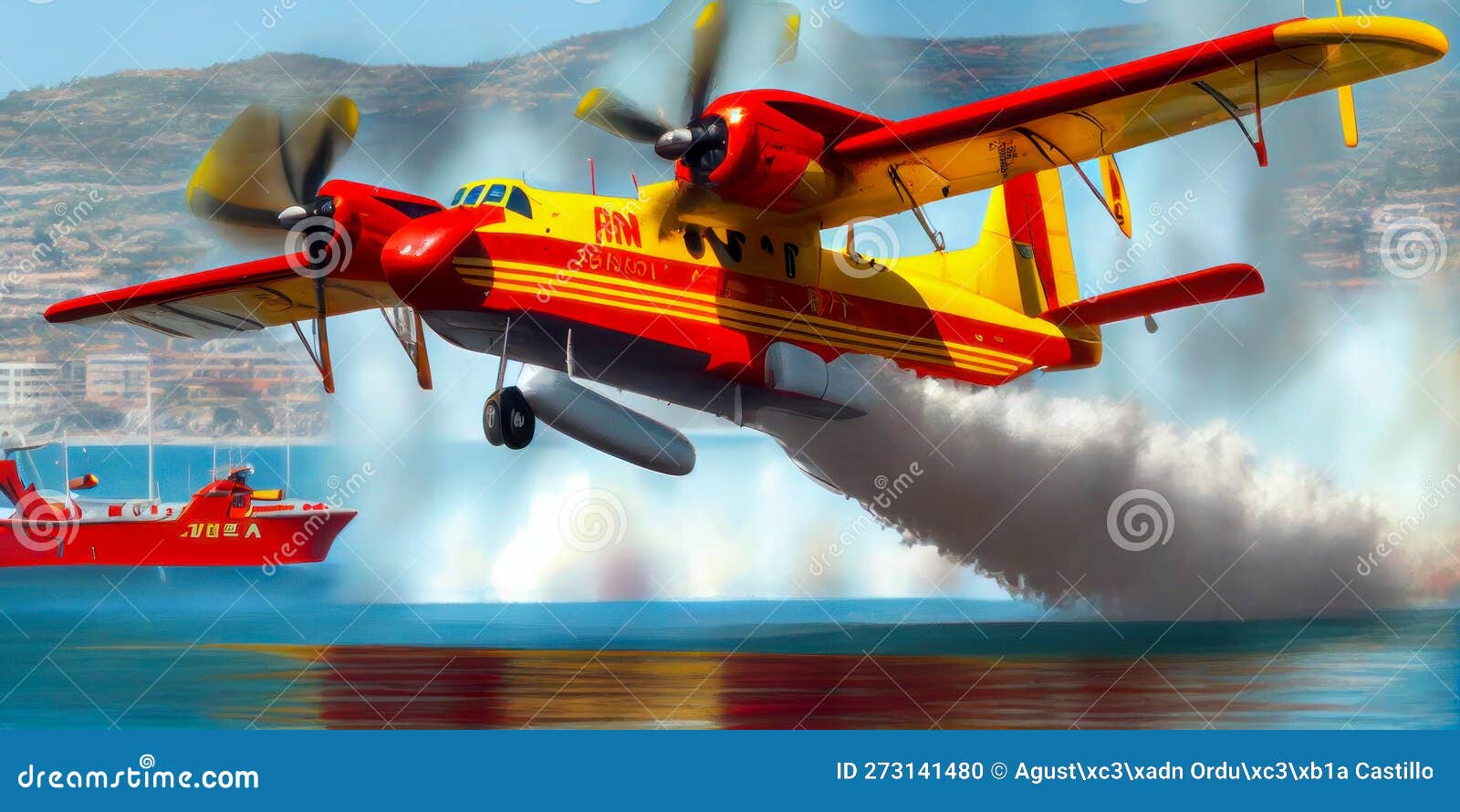 Fire Plane Collecting Water from a Reservoir. the Generative. Stock ...