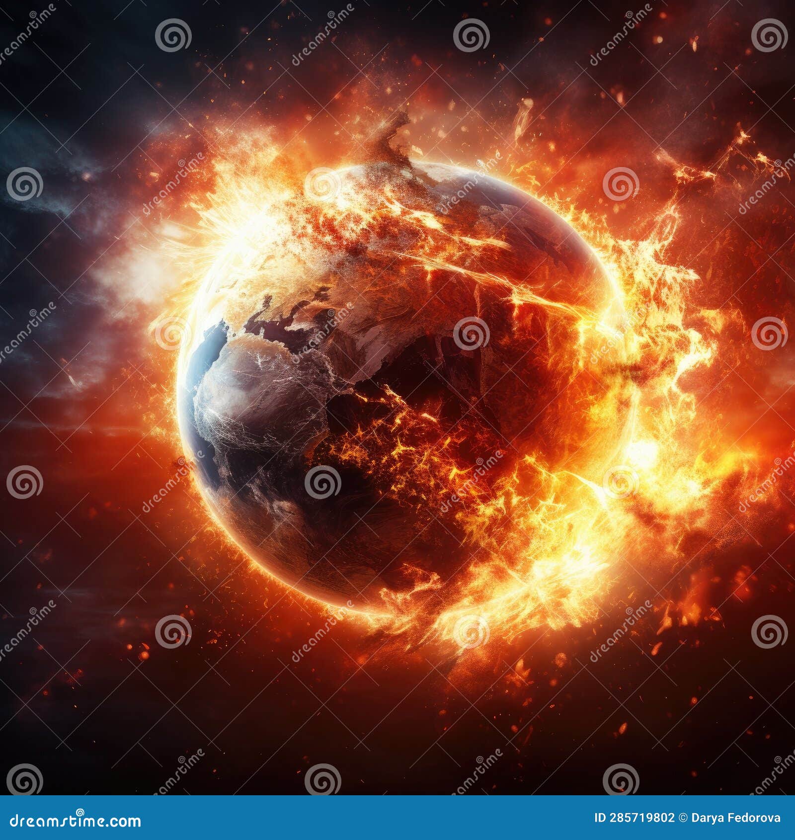 Fire Planet Burning in Space. Global Catastrophe Concept Illustration ...