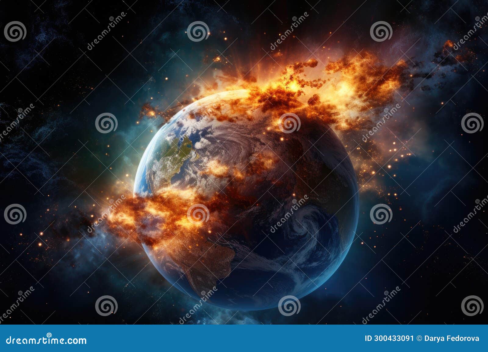 Fire Planet Burning in Space. Global Catastrophe Concept Illustration ...