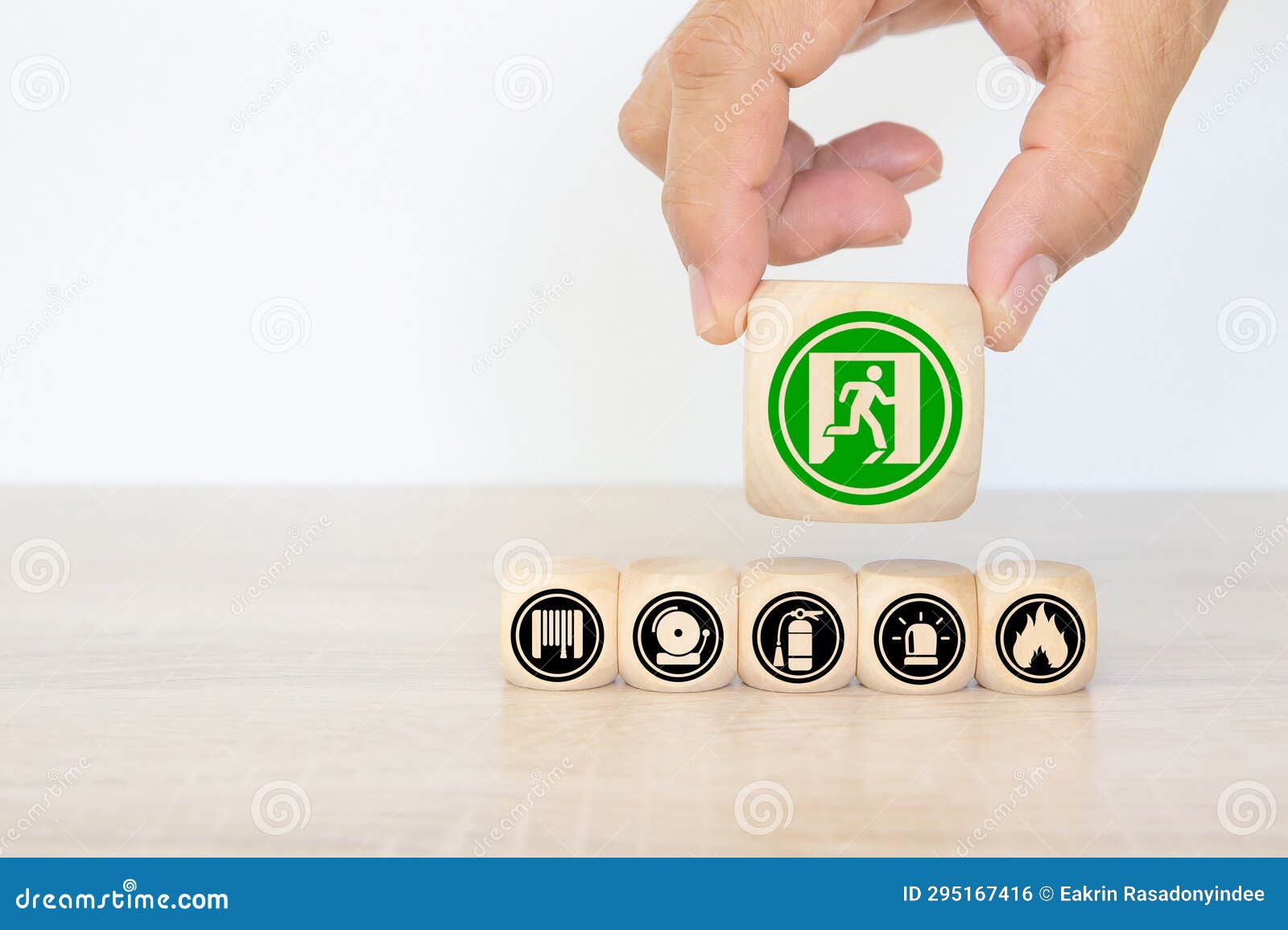 Fire Prevention Concept on Cube Wooden Toy Block Stack with Door Exit ...