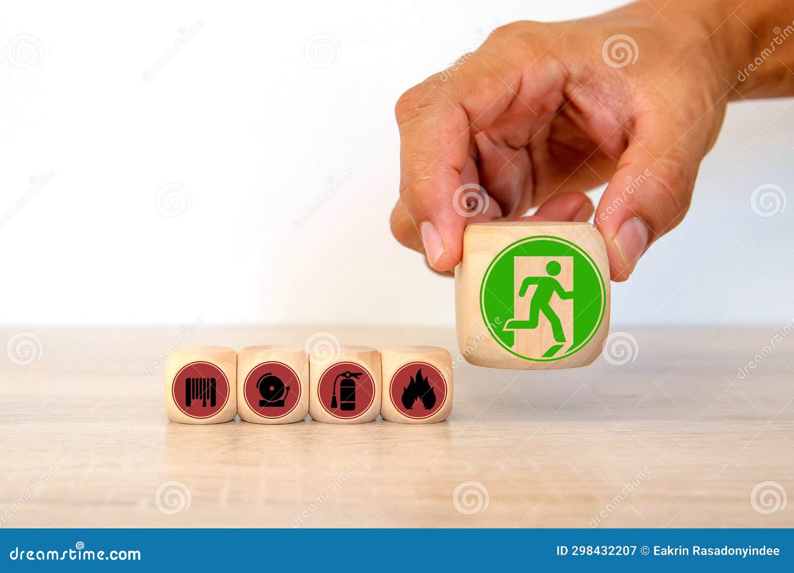 Fire Prevention Concept on Cube Wooden Toy Block Stack with Door Exit ...