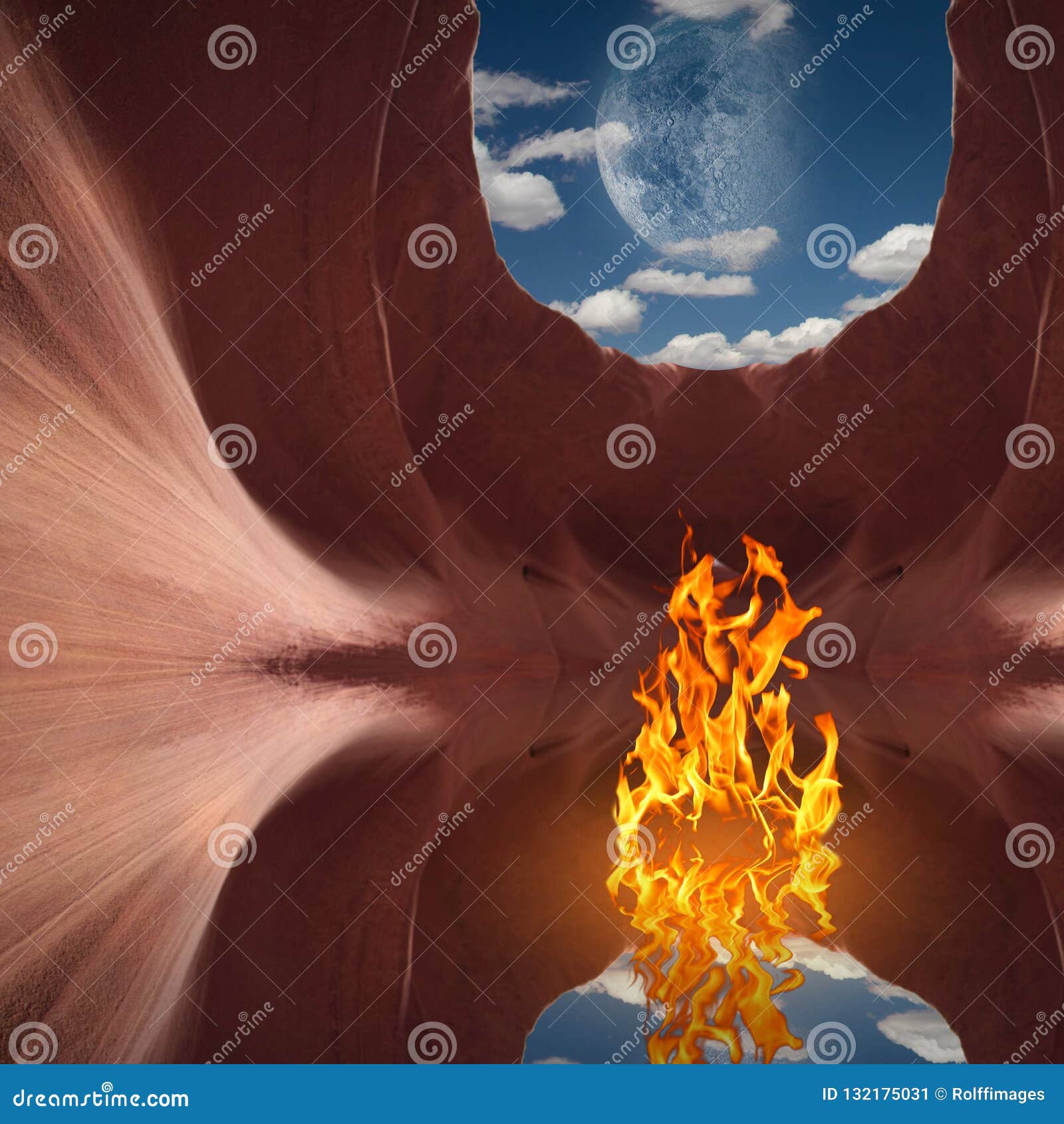 Fire in red cave stock illustration. Illustration of credit - 132175031