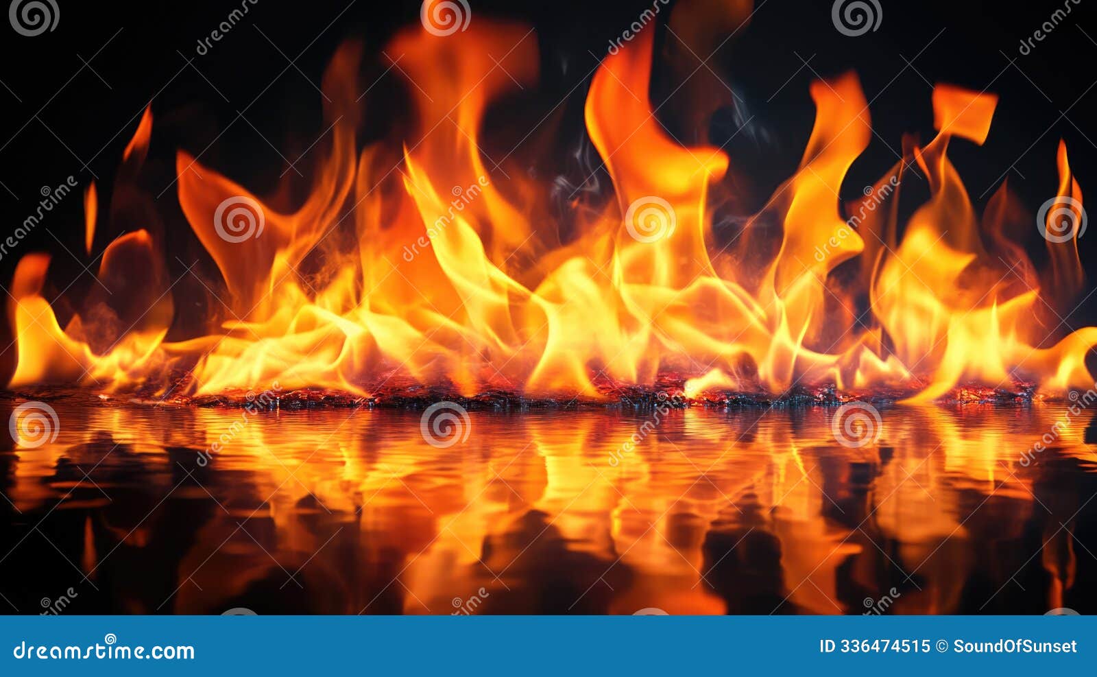 Fire and Reflection on Black Background. Yellow and Orange Flame, Fiery ...