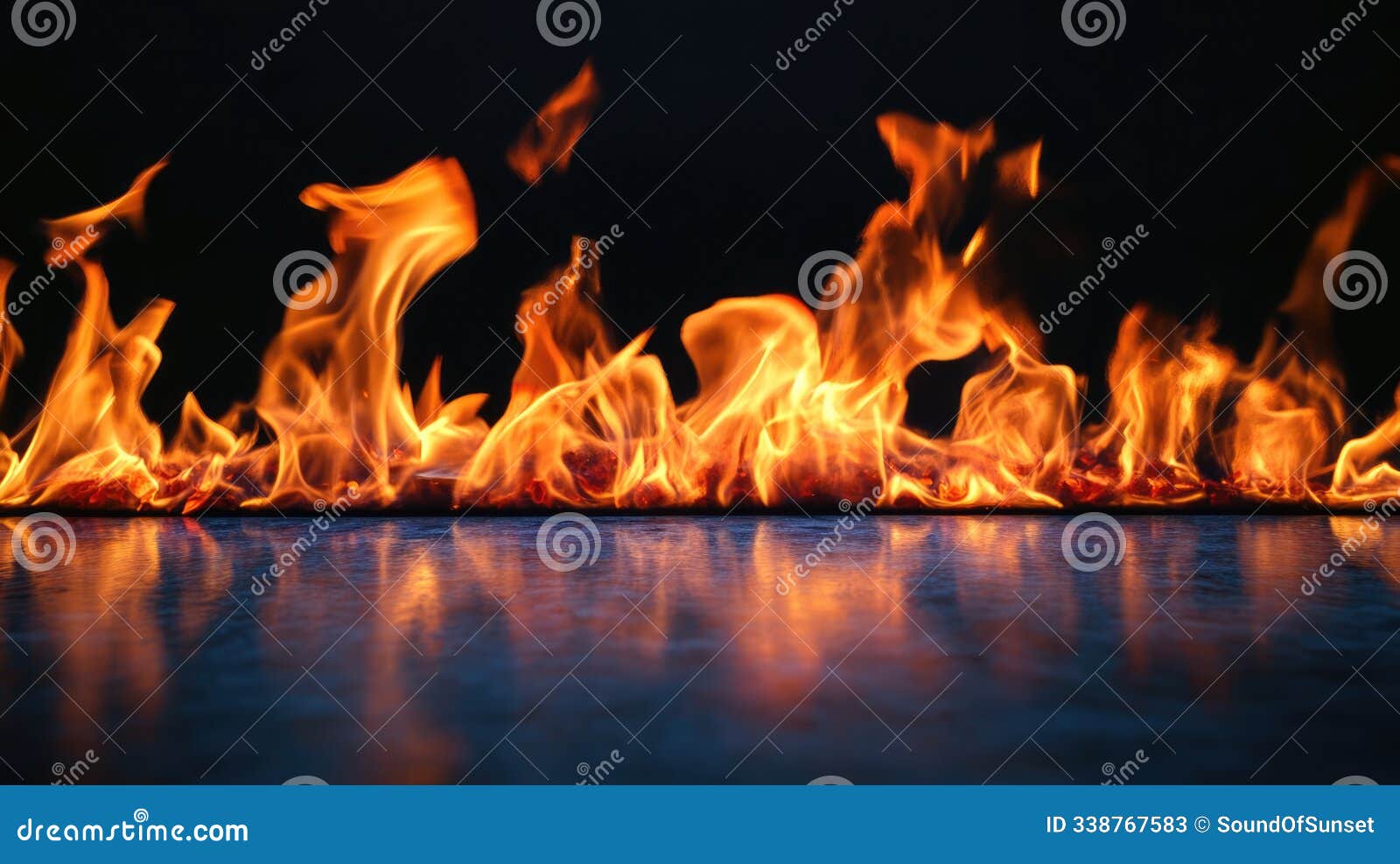 Fire and Reflection on Black Background. Yellow and Orange Flame, Fiery ...