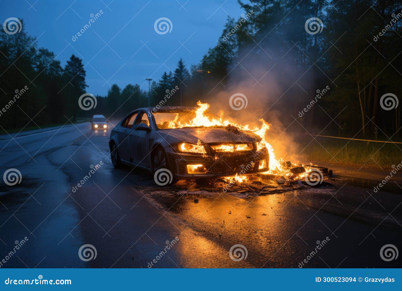 A Fire on the Road Where the Car Burns after Accident Stock ...