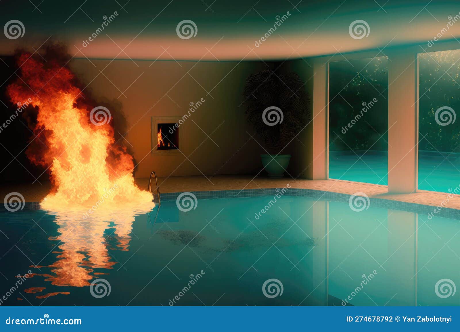 Fire in a Room with a Swimming Pool. Generative AI Stock Illustration ...