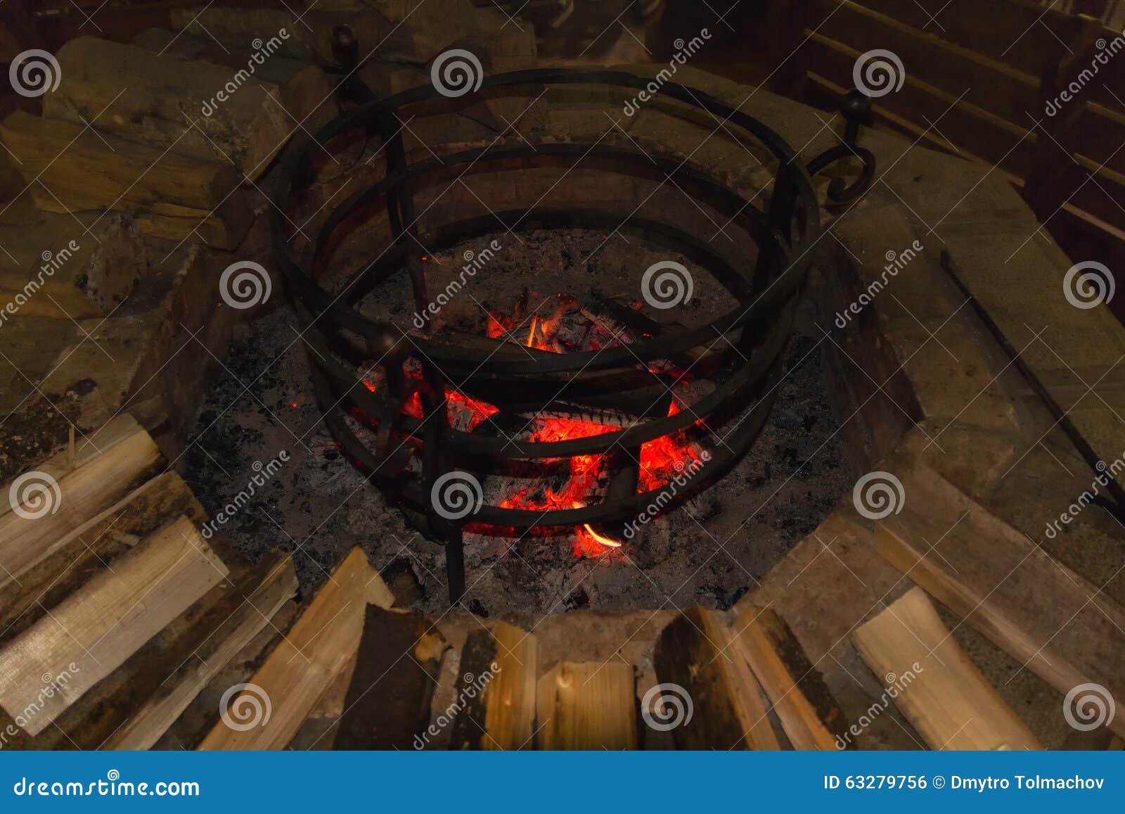 Fire in a Round Hearth and Wood Stock Photo - Image of indoors, board ...