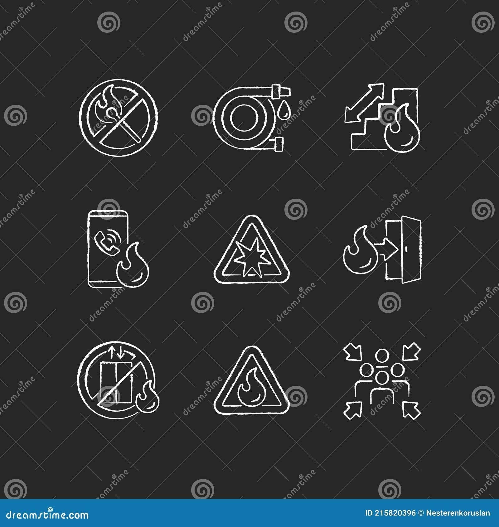 Fire Safety Guidelines Chalk White Icons Set on Black Background Stock ...