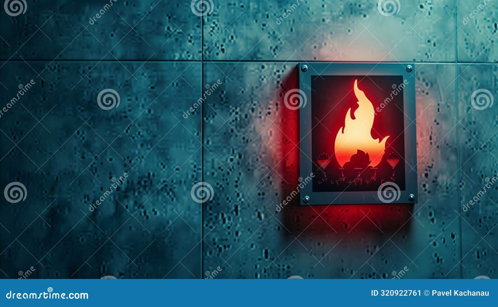 A Fire Safety Sign with a Red Flame Icon on a Teal Wall Stock Image ...