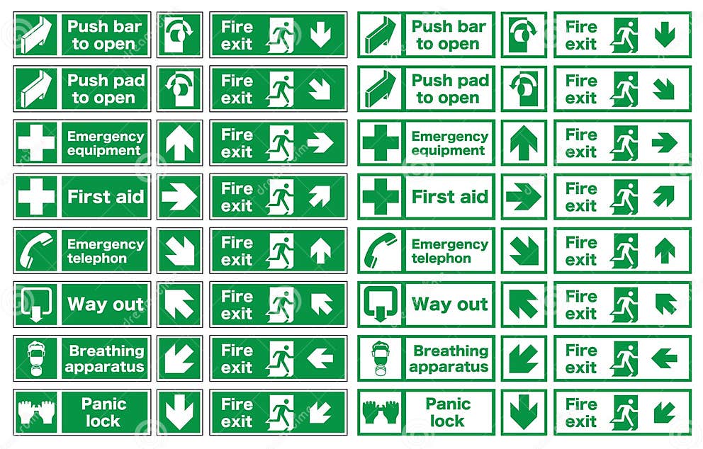 Fire Safety Signs. Set of Emergency Exit and Fire Exit Signs, Emergency ...