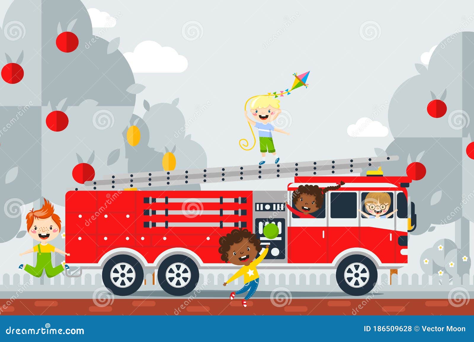 Fire Safety Study Excursion, Vector Illustration. Children Have Fun In ...