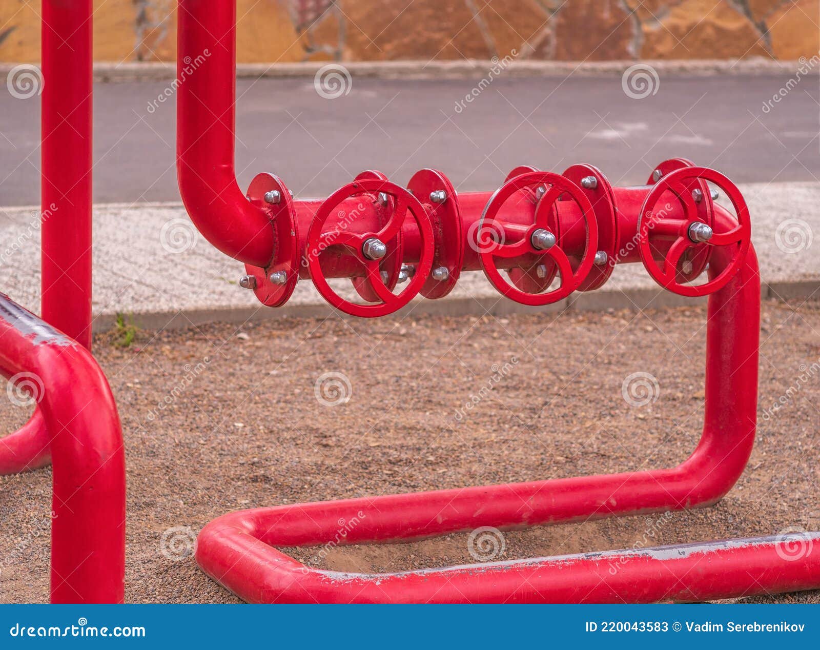 Fire Safety System. Three Consistent Valves with Red Pipes for Water ...