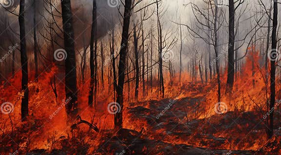 Fire Scene in Forest, Power Fire with Smoke in Forest Stock Photo ...