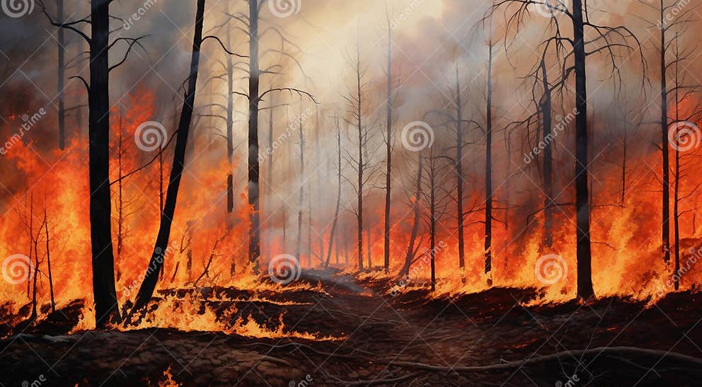 Fire Scene in Forest, Power Fire with Smoke in Forest Stock Photo ...