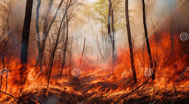 Fire Scene in Forest, Power Fire with Smoke in Forest Stock Photo ...