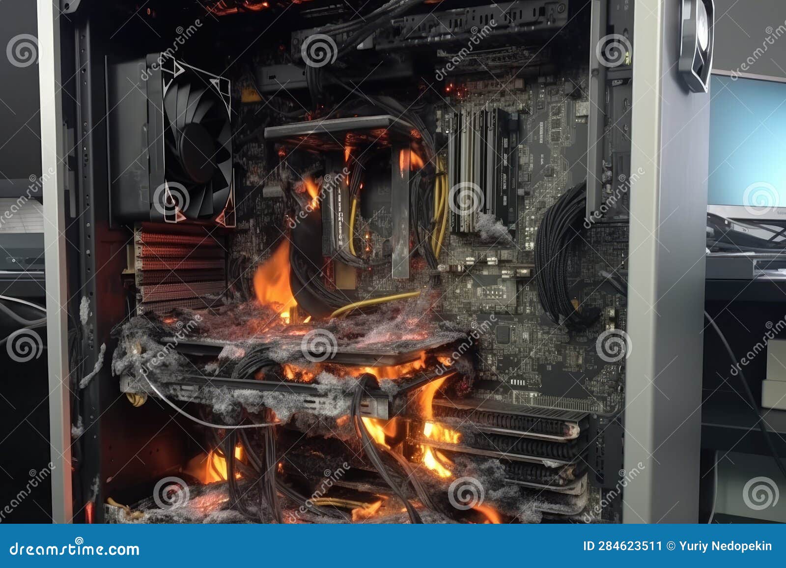 Fire Scene Unfolds As a Personal Computer, Overwhelmed by Intensive ...