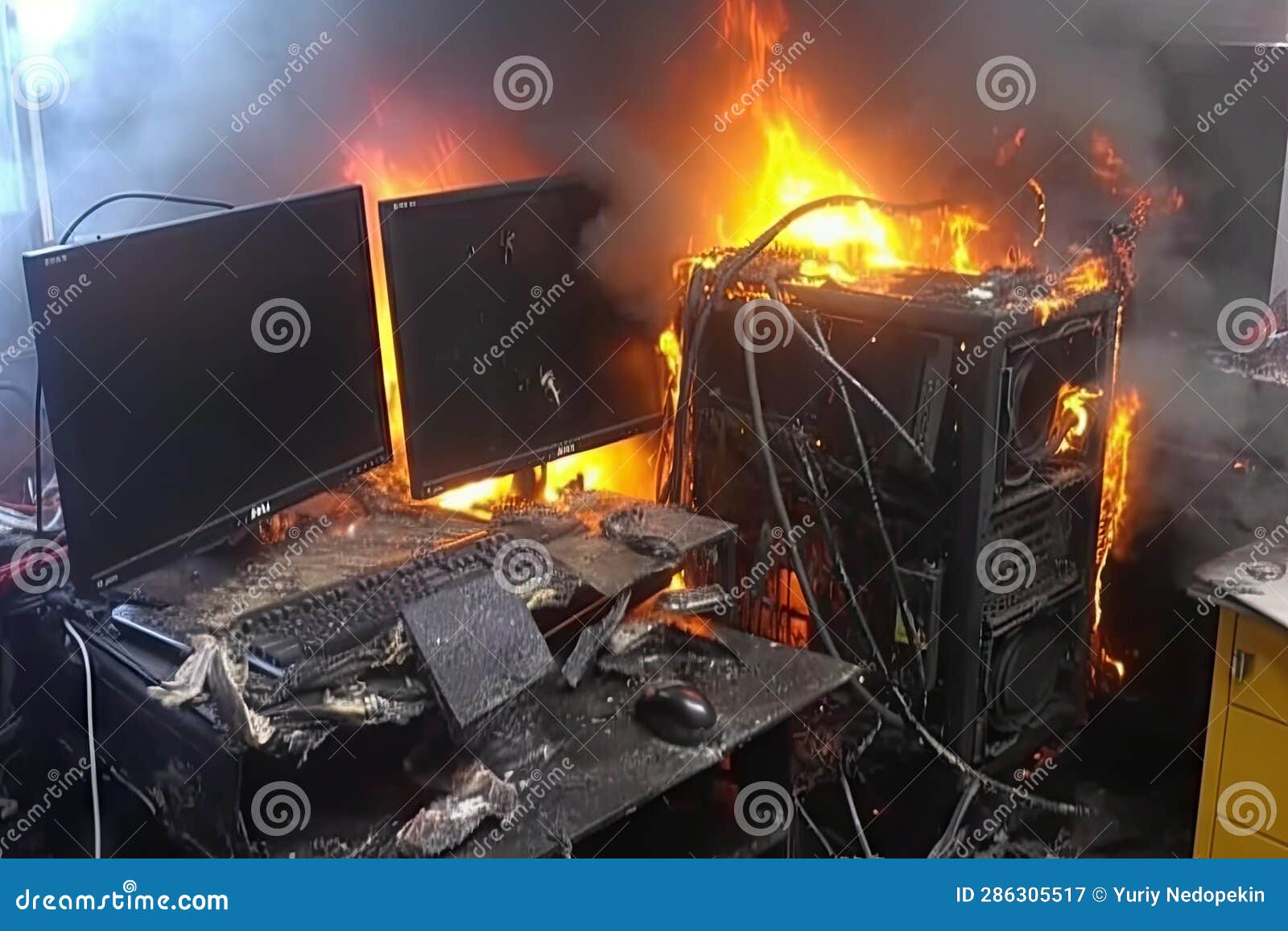 Fire Scene Unfolds As a Personal Computer, Overwhelmed by Intensive ...