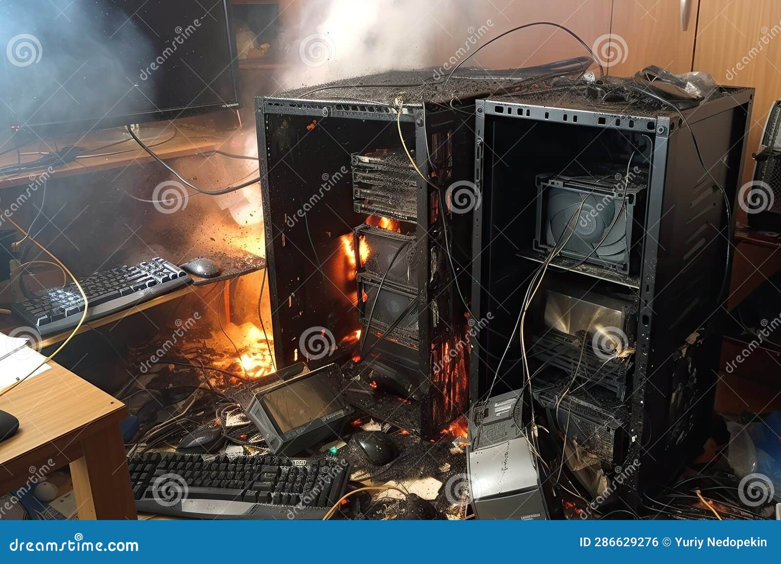 Fire Scene Unfolds As a Personal Computer, Overwhelmed by Intensive ...