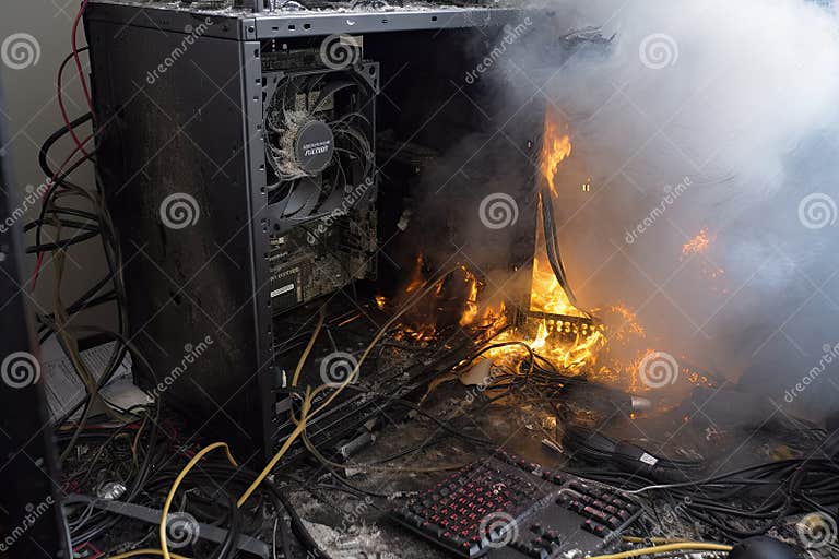 Fire Scene Unfolds As a Personal Computer, Overwhelmed by Intensive ...