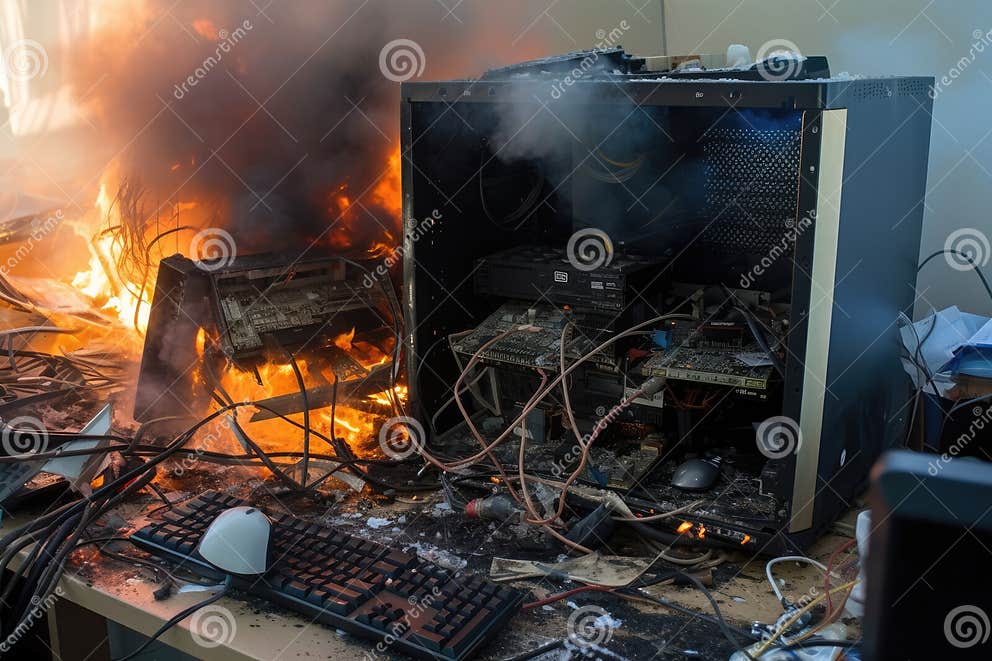 Fire Scene Unfolds As a Personal Computer, Overwhelmed by Intensive ...