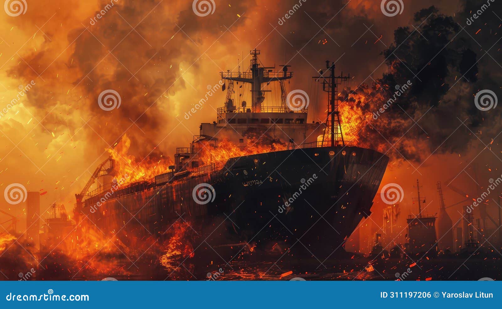 Fire in the Seaport Burning Ship, Cargo Ship. Stock Photo - Image of ...