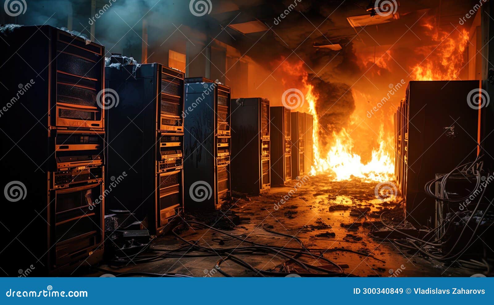 Fire in a Server Room with Burning Computers Stock Illustration ...