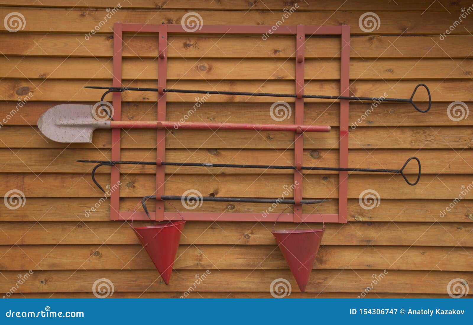 Fire Shield with Equipment on a Wooden Wall Stock Image - Image of hook ...