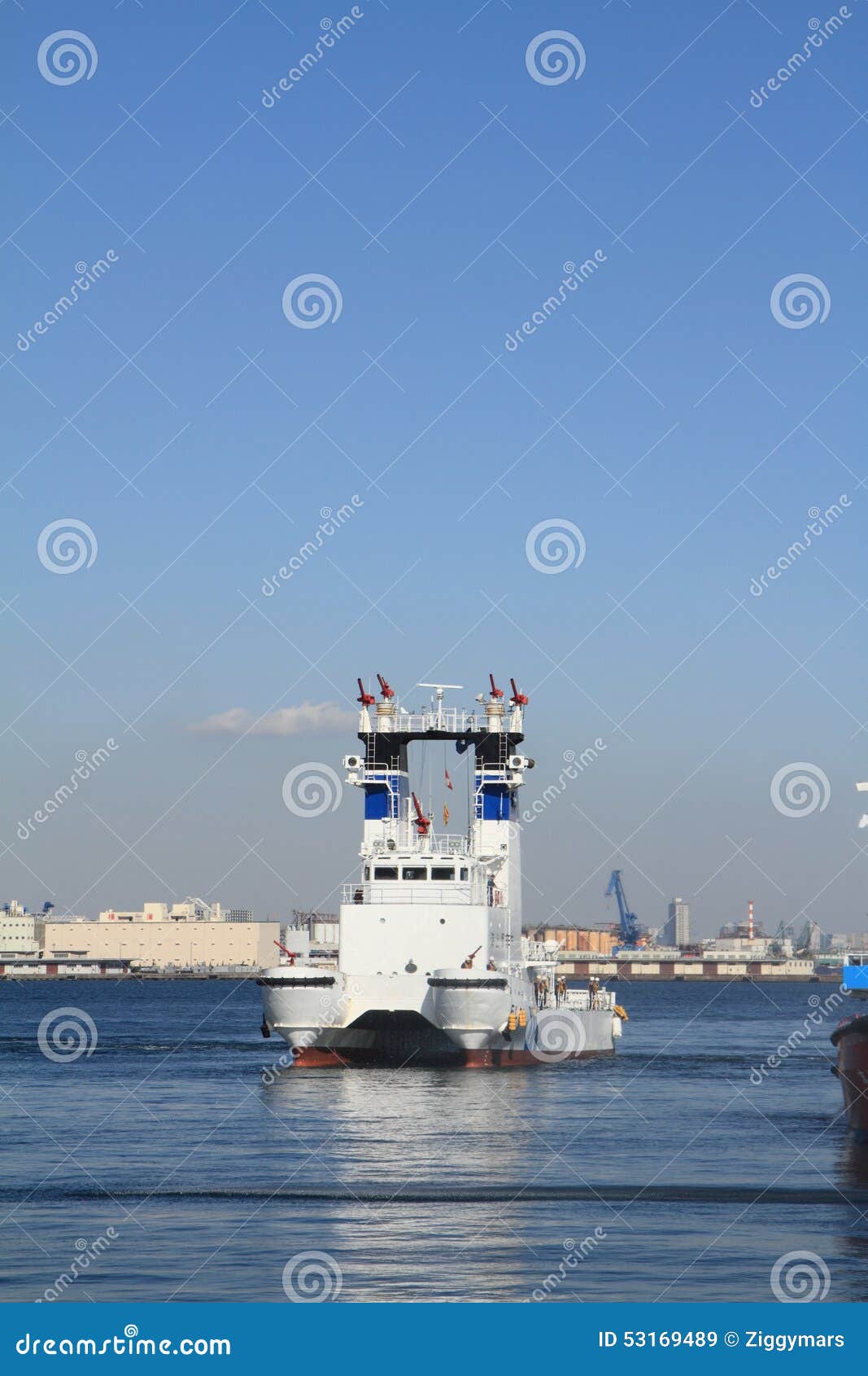 Fire Ship And Gantry Crane On A Background Of Mountains Stock ...