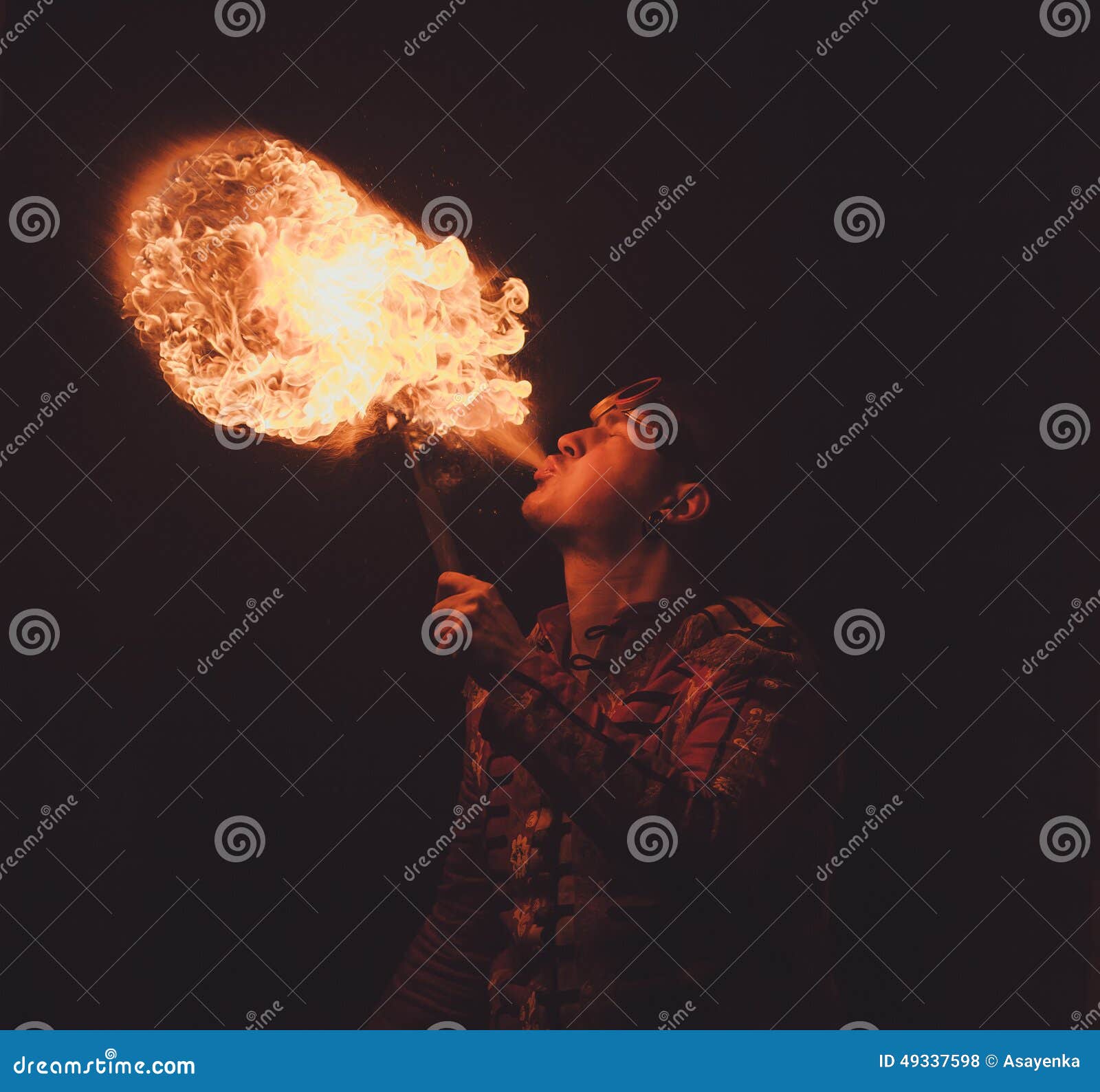 Fire Show Artist Breathe Fire in the Dark Stock Photo - Image of person ...