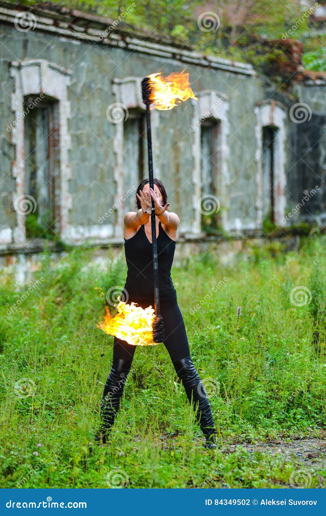 Fire Show Girl with Flaming Torches Stock Photo - Image of dangerous ...