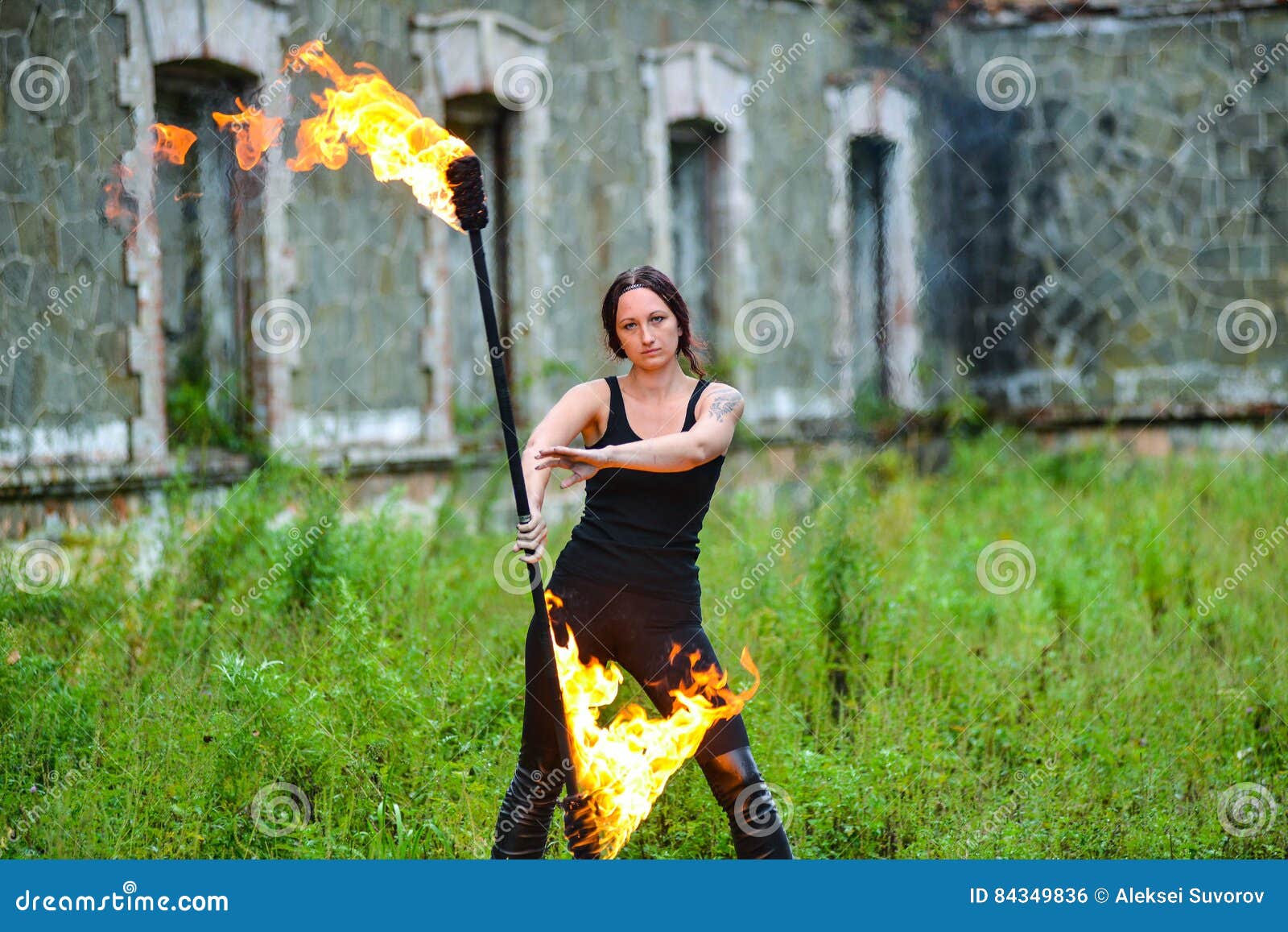 Fire Show Girl with Flaming Torches Stock Photo - Image of dancer ...